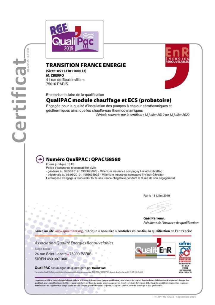 Certification QualiPac - Transition France Énergie - 0 805 033 033
